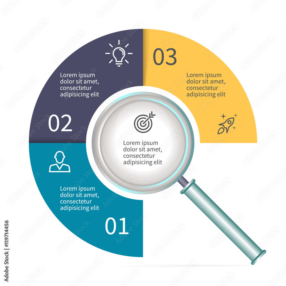 Circular diagram in form of a magnifier. Chart with 3 parts. Stock ...