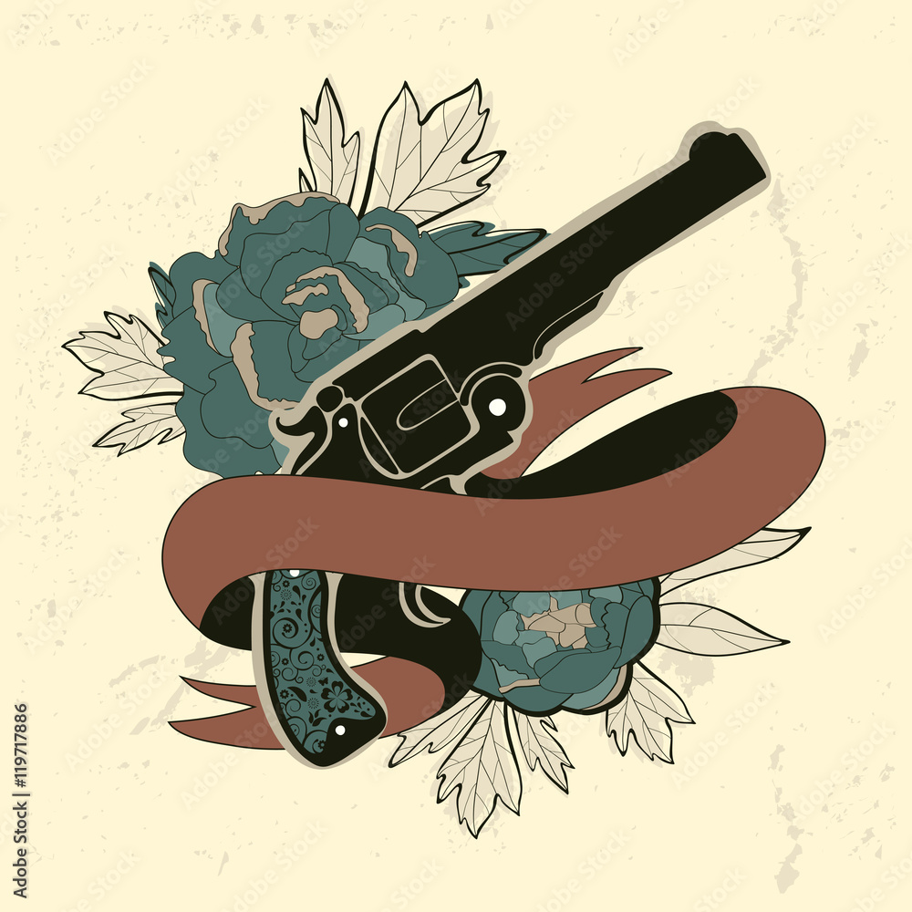 Vintage style emblem with human heart, flowers and a revolver Stock ...