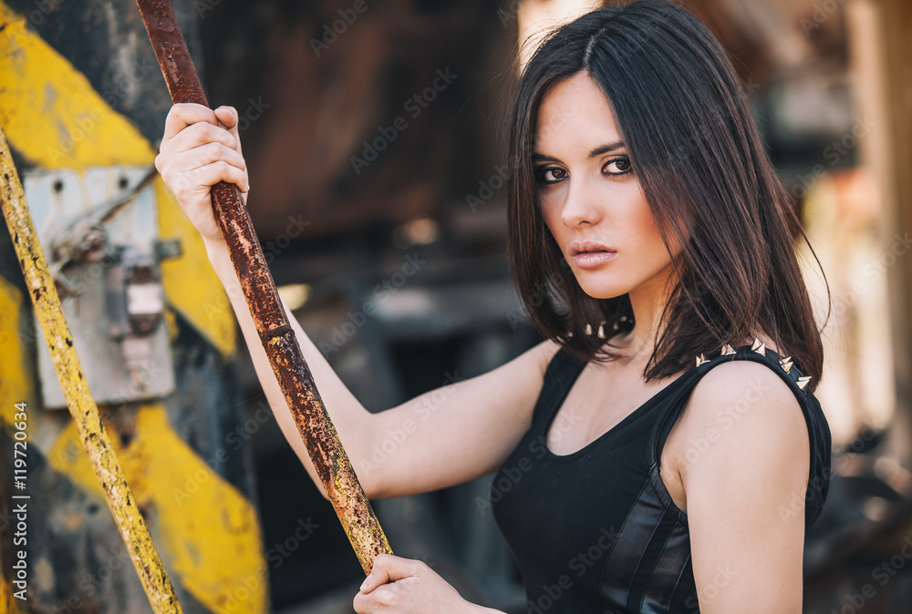 Portrait of Fashion Model Girl on the Industrial Background. Stock ...