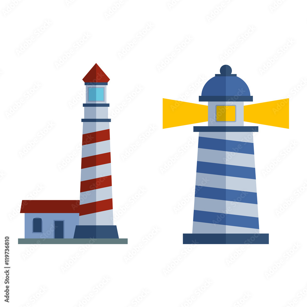 Vector set of cartoon flat lighthouses. Searchlight towers for maritime ...