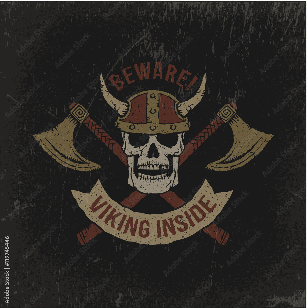 Grunge Viking logo. Skull in a horned helmet with crossed axes on a ...