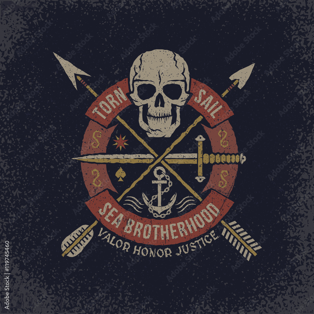 Pirate Skull logo in grunge style. Skull with a circular banner with a ...