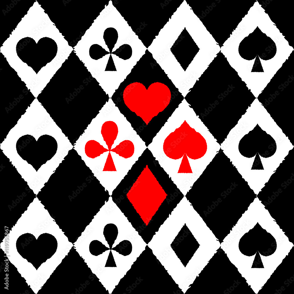 Playing card suits. Seamless pattern. Worms, Bubi, christen, peaks ...