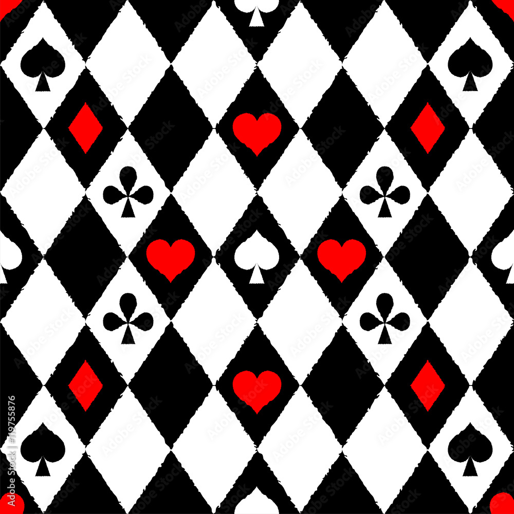 Playing card suits. Seamless pattern. Worms, Bubi, christen, peaks ...
