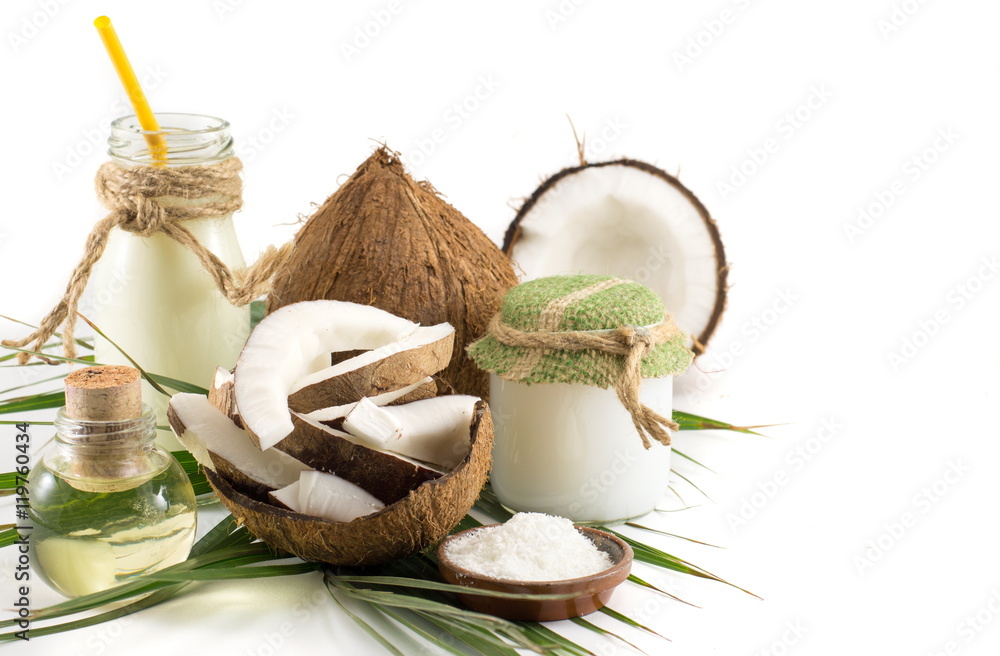 Coconut products, fresh fruit milk and oil Stock Photo | Adobe Stock