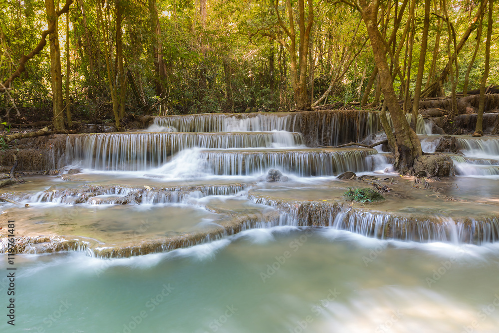 Natural blue stream multiple layer waterfall with deep forest ...