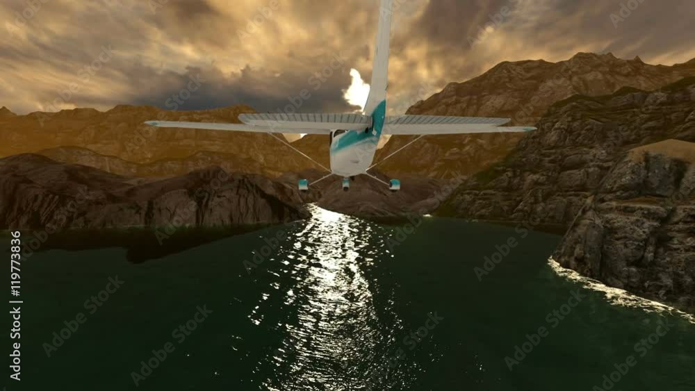 Single-engine plane and flying over dam at sunset Stock Video | Adobe Stock