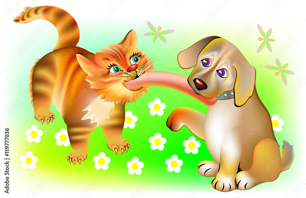 Illustration of cat and dog biting one sausage, vector cartoon image ...