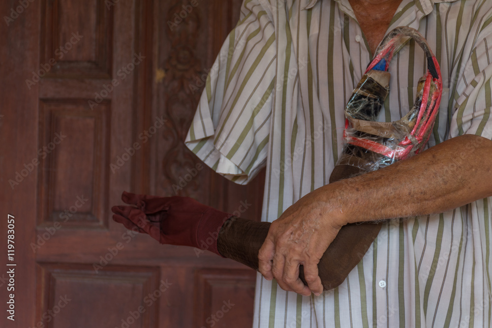 Asia elderly man with one arm and arm prosthetic Stock Photo | Adobe Stock