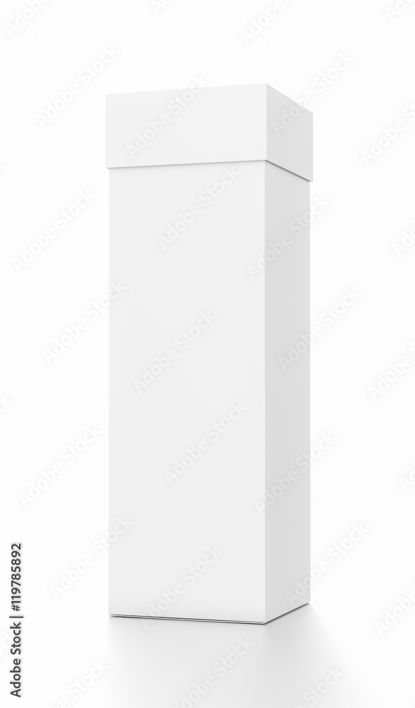 White tall vertical rectangle blank box with cover from front far side ...
