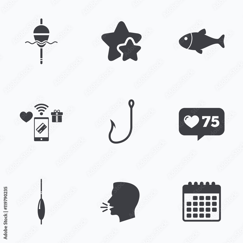 Fishing icons. Fish with fishermen hook symbol. Stock Vector | Adobe Stock