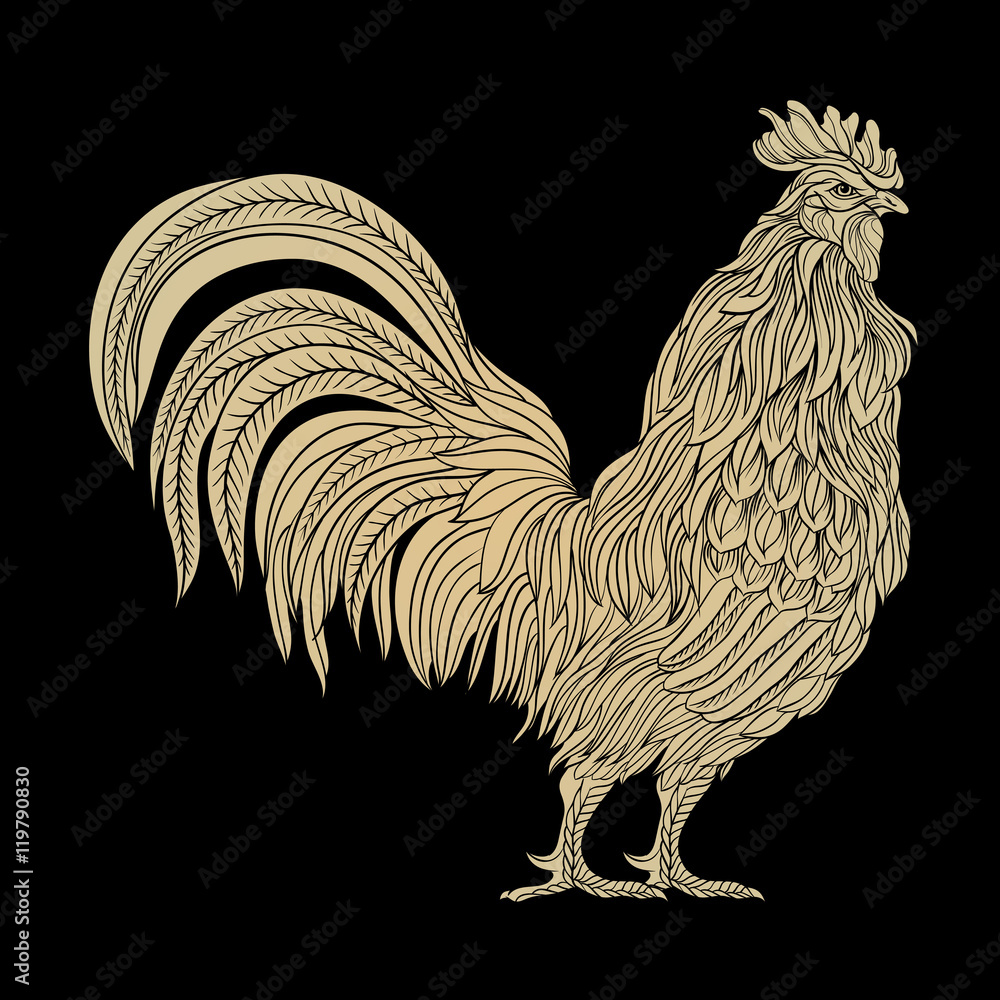 Hand drawn rooster in line art style on black. Vector illustrati Stock ...