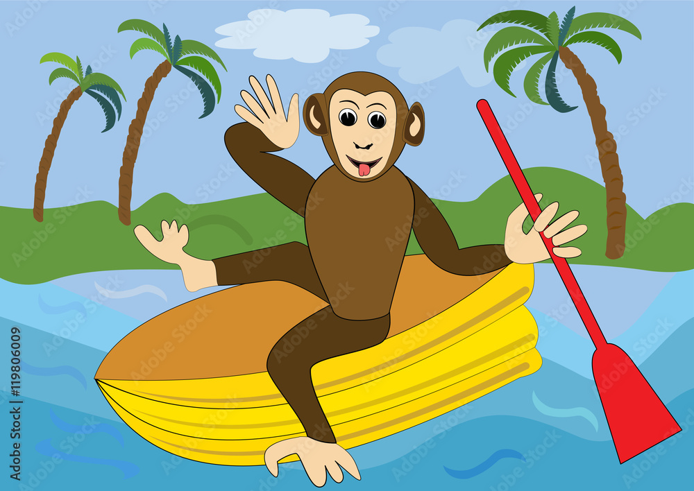 Funny monkey floats on yellow inflatable rubber dinghy with red oar ...