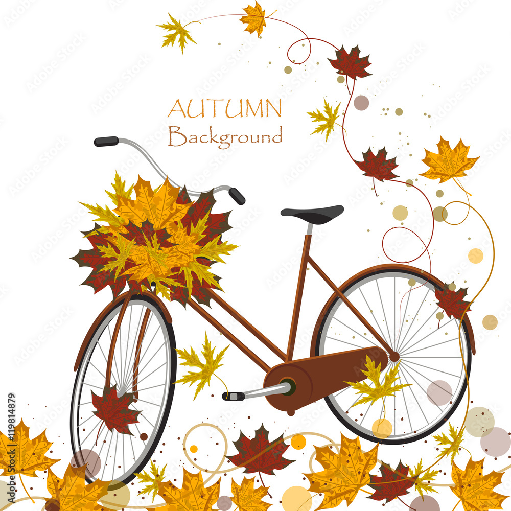 Autumn background with colorful leaves and bicycle Stock Vector | Adobe ...