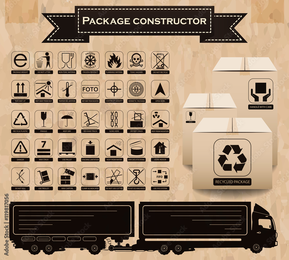 Vector package constructor. Packaging symbols. Icon set including waste ...