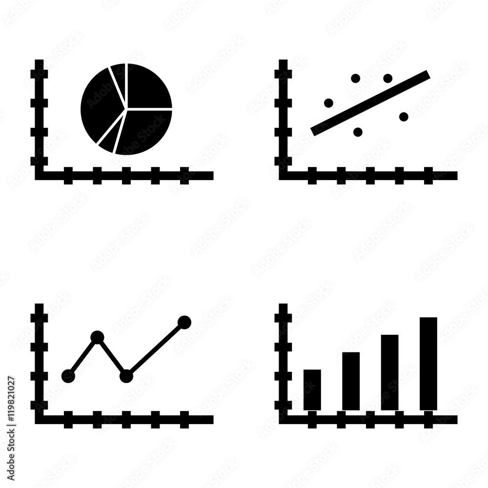 Set Of Statistics Icons On Bar Chart Pointed Line Chart And Pie Chart