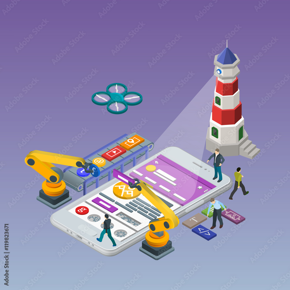 Mobile App Development, Experienced Team. Flat 3d isometric white phone ...
