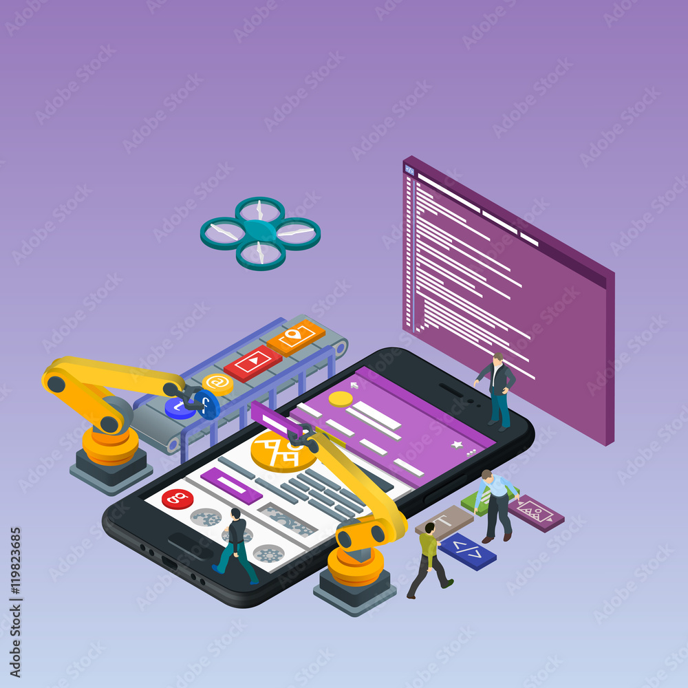 Mobile App Development, Experienced Team. Flat 3d isometric black phone ...
