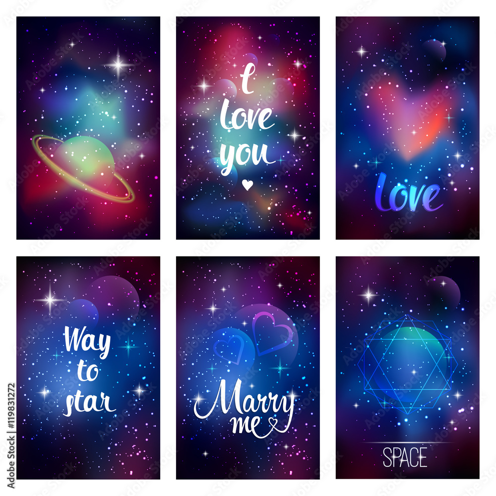 Cosmic bright greeting postcard. Flyer design template card with ...