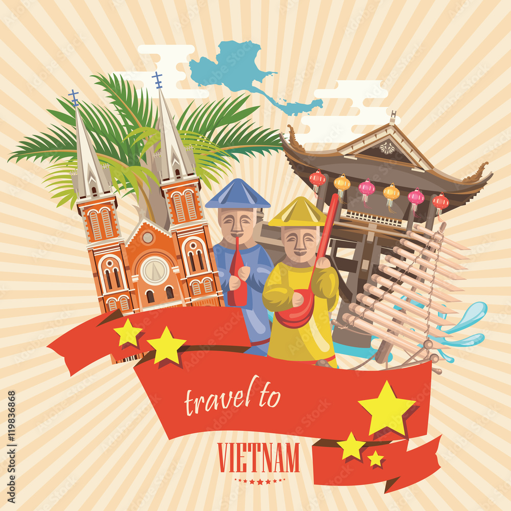 Travel to Vietnam. Set of traditional Vietnamese cultural symbols ...