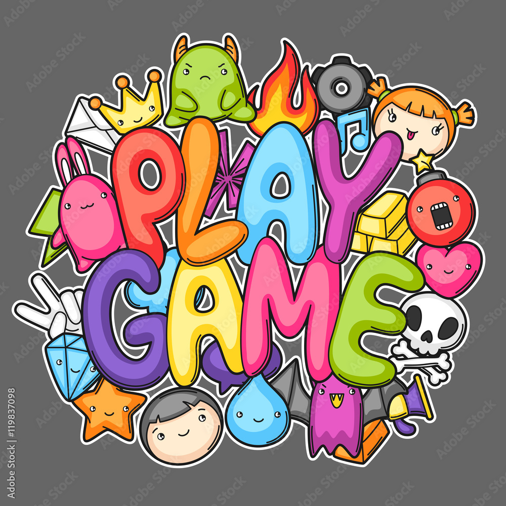 Game kawaii print. Cute gaming design elements, objects and symbols ...