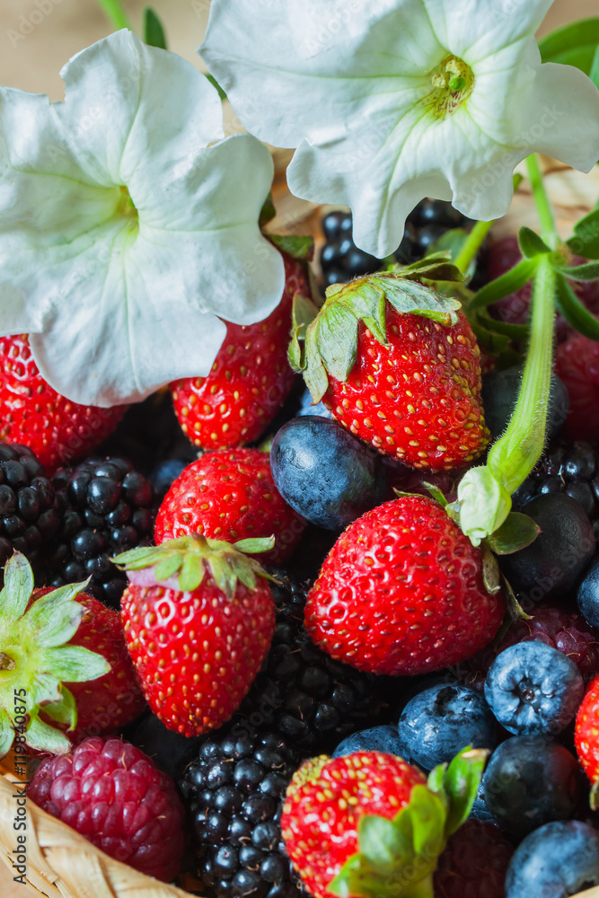 Multi-colored summer berries , blueberries, strawberries, raspberries ...