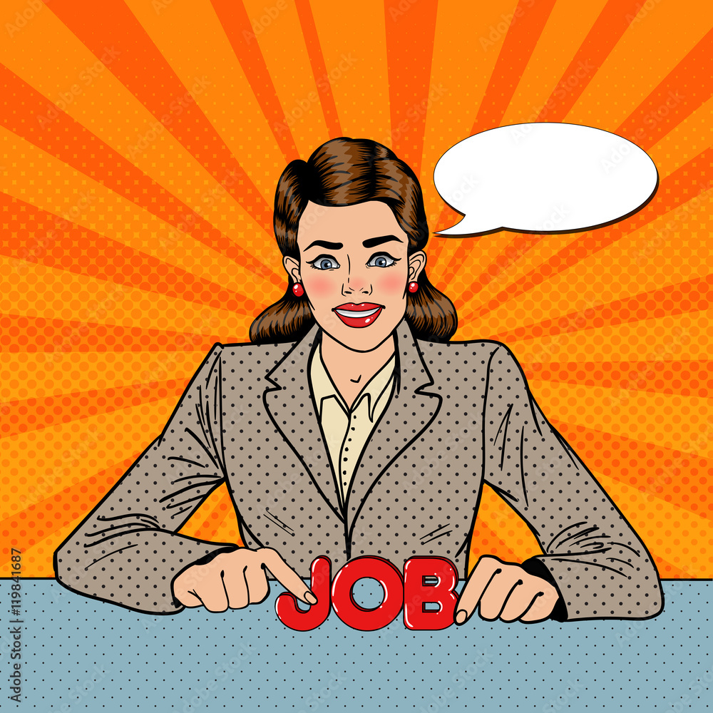 Young Smiling Woman with Letters Job. Pop Art vector illustration Stock ...