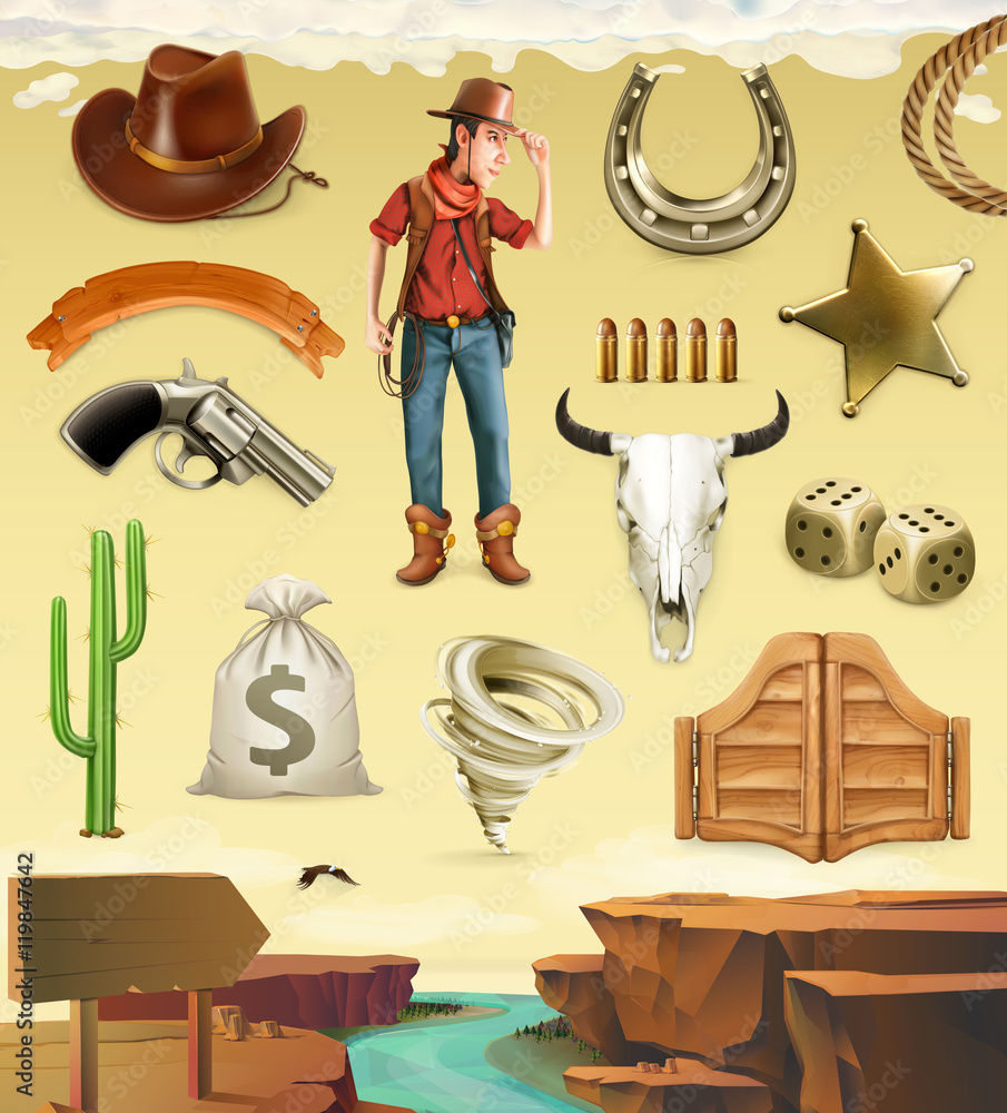 Cowboy cartoon character and objects. Western adventure. 3d vector icon ...
