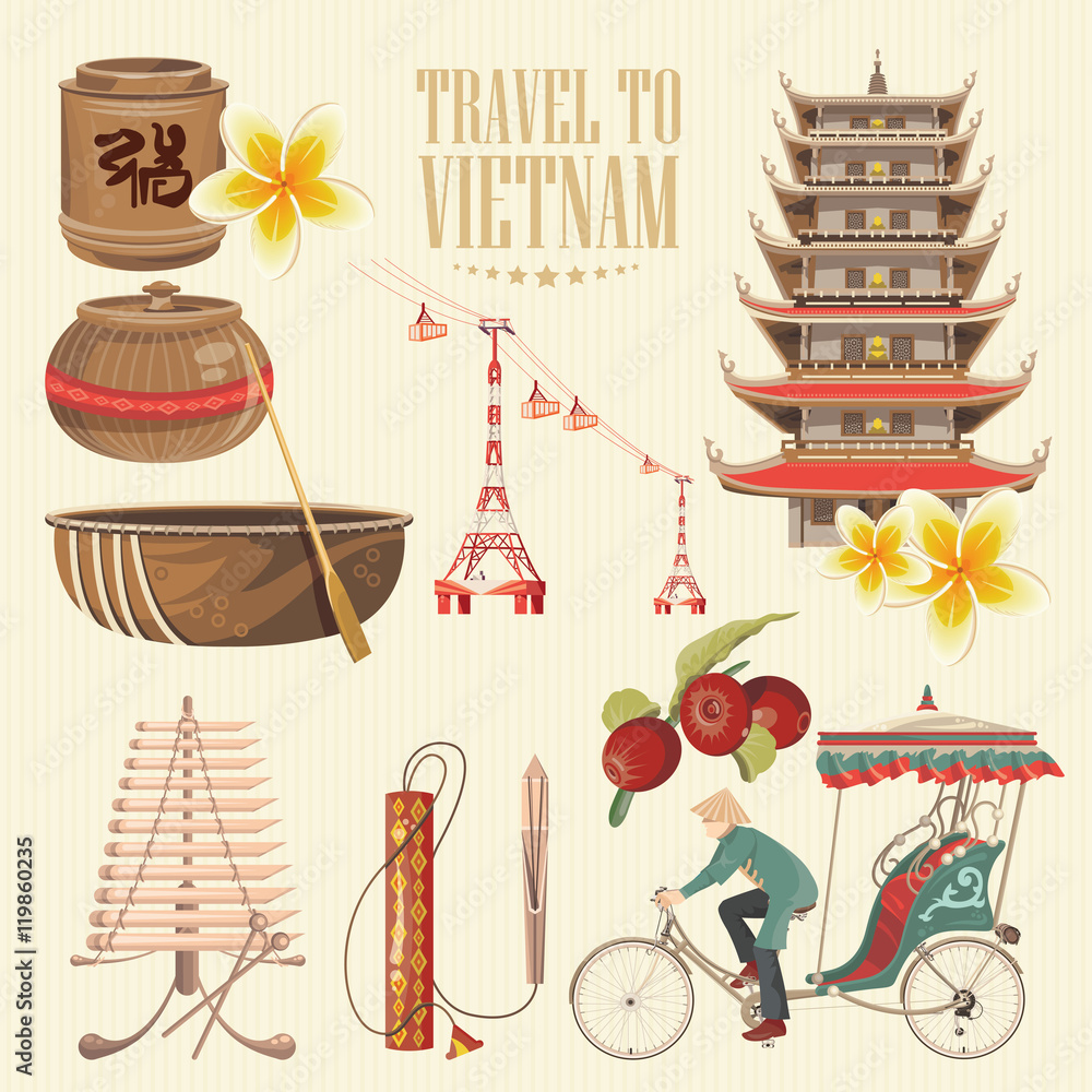 Travel to Vietnam. Set of traditional Vietnamese cultural symbols ...