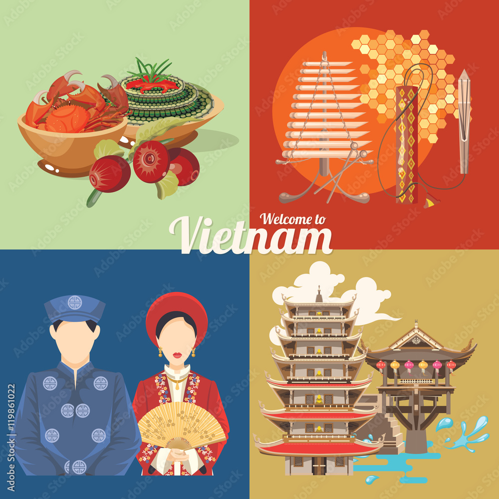 Travel to Vietnam. Set of traditional Vietnamese cultural symbols ...