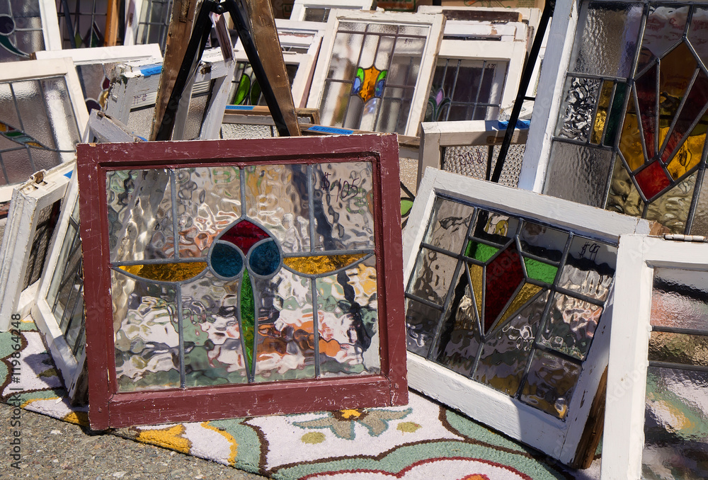 Poster Old windows frames with stained glass at flea market – Wall Art ...