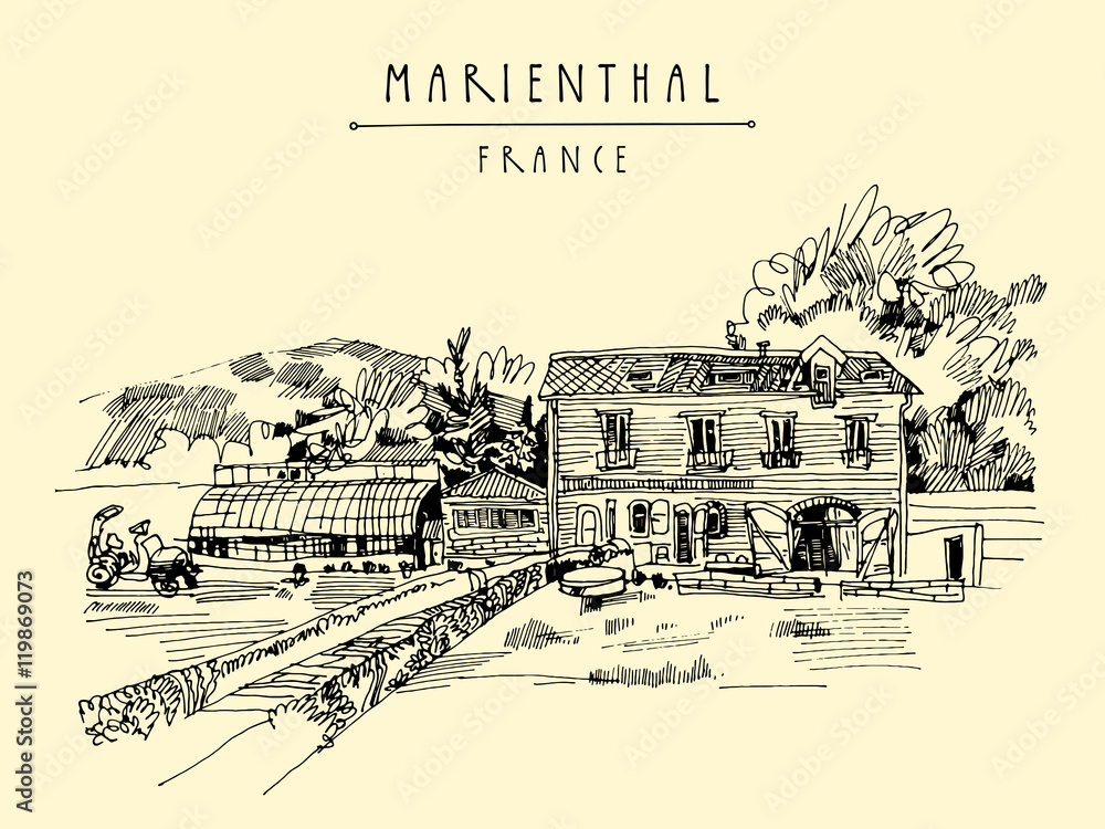 Farm house in Marienthal, France, Europe. Cozy European village and a ...