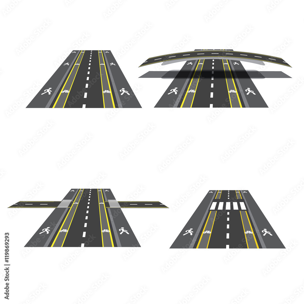 Set of different road sections with peshihodnymi crossings, bicycle ...
