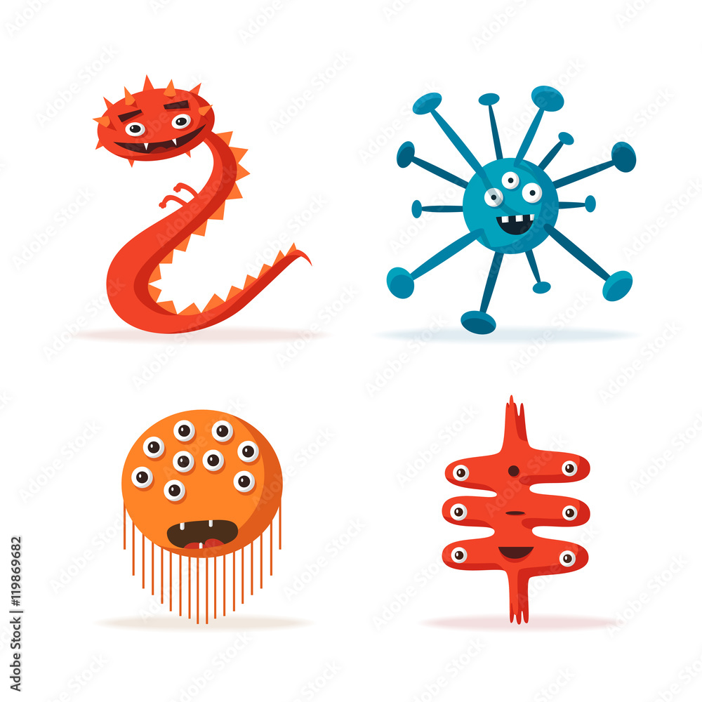 Set of bacteria characters. Cartoon vector illustration. Microbiology ...