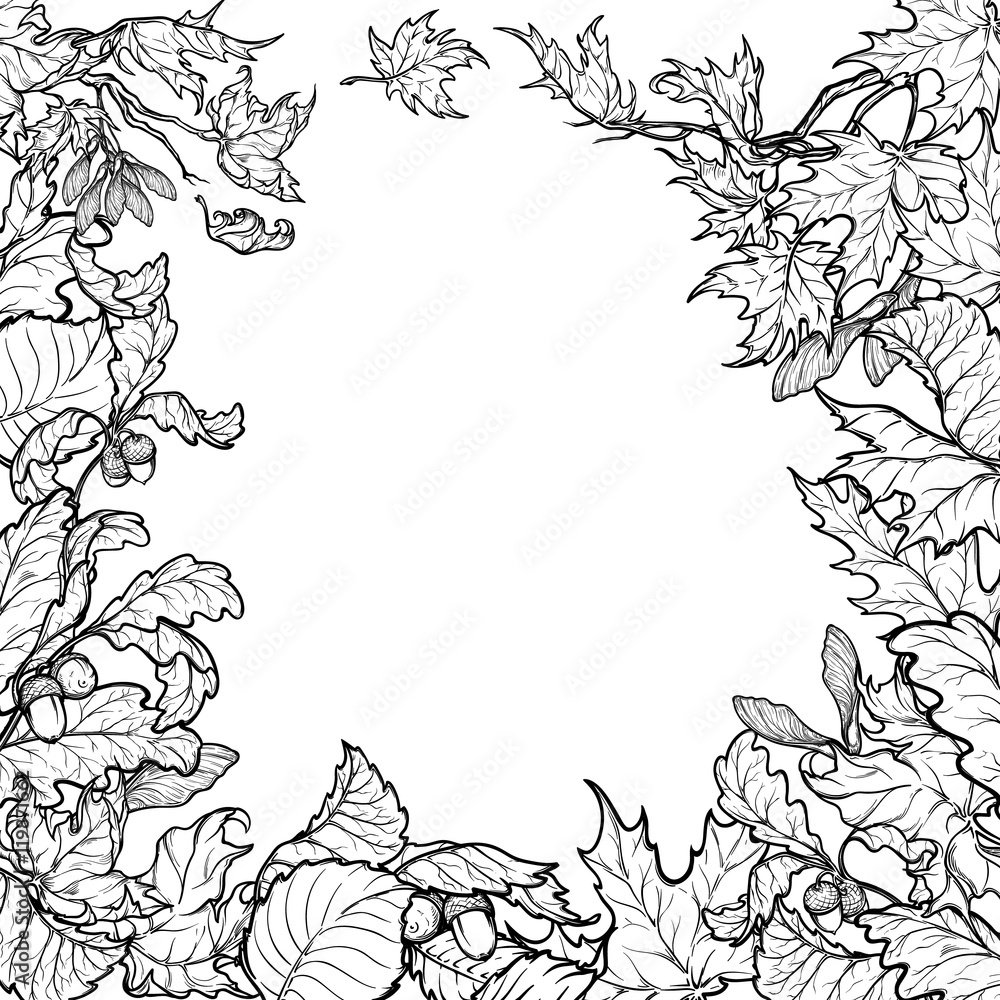 Autumn leaves square frame. Black and white sketch Stock Vector | Adobe ...