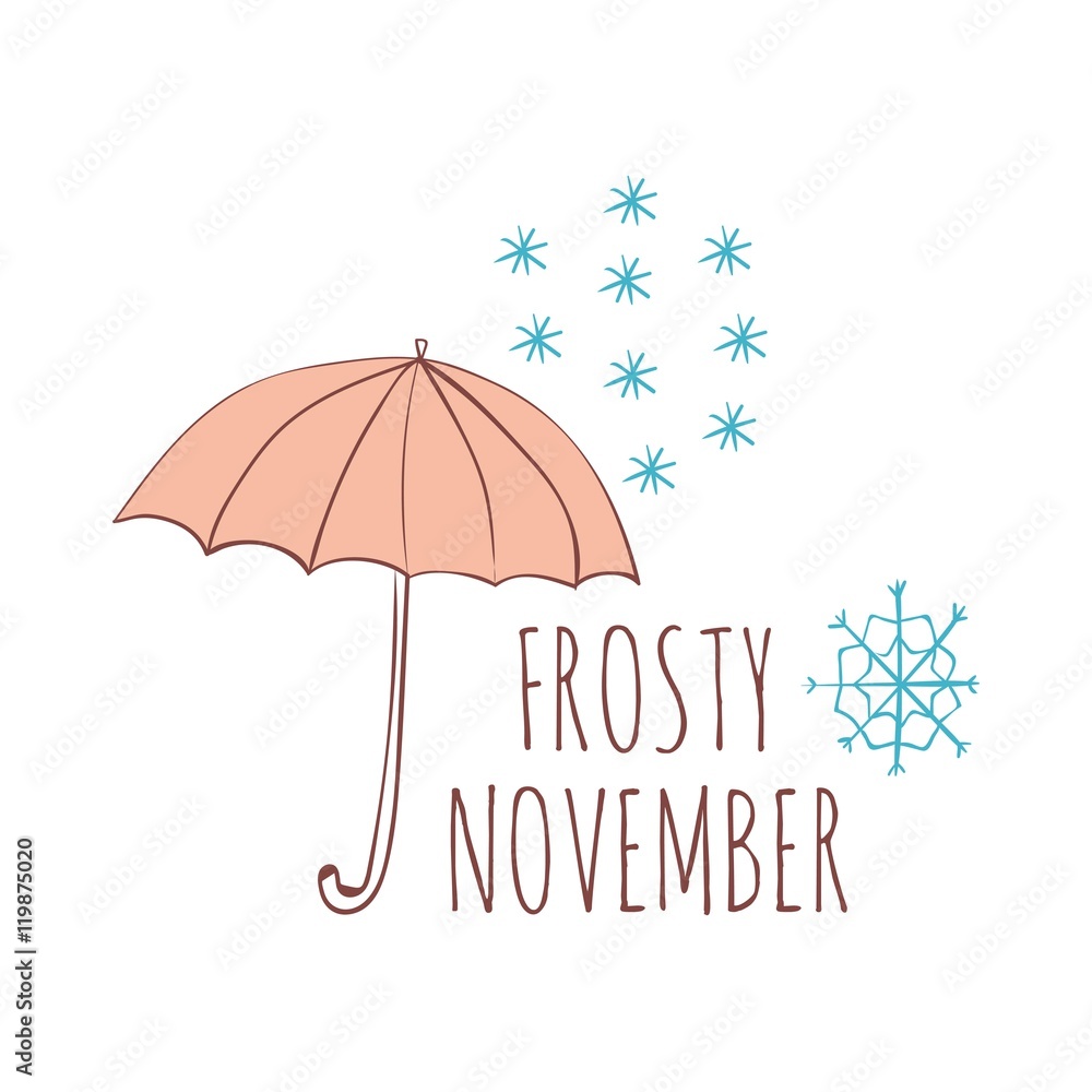 Hand drawn card with umbrella and snowflakes isolated on white ...