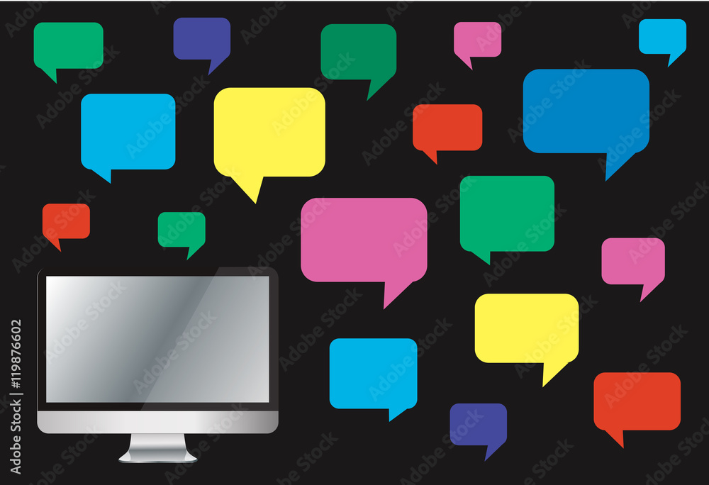 computer with colorful chat box , message box communication background ...