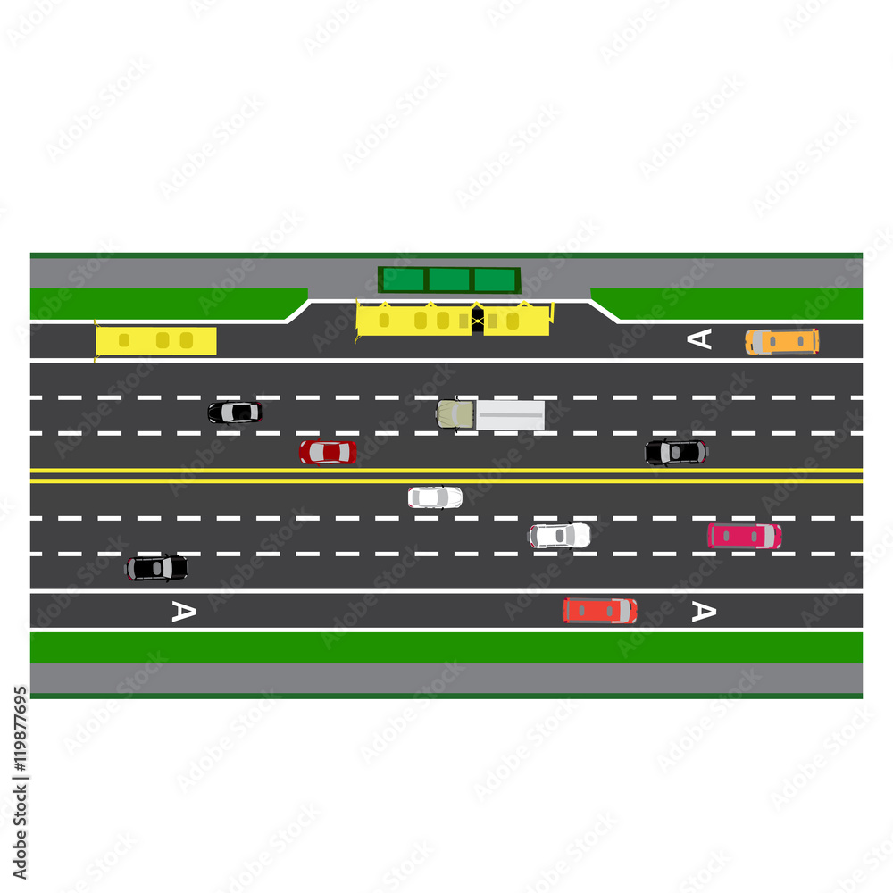 Road infographics. Plot road, highway, street with the bus stop. With ...