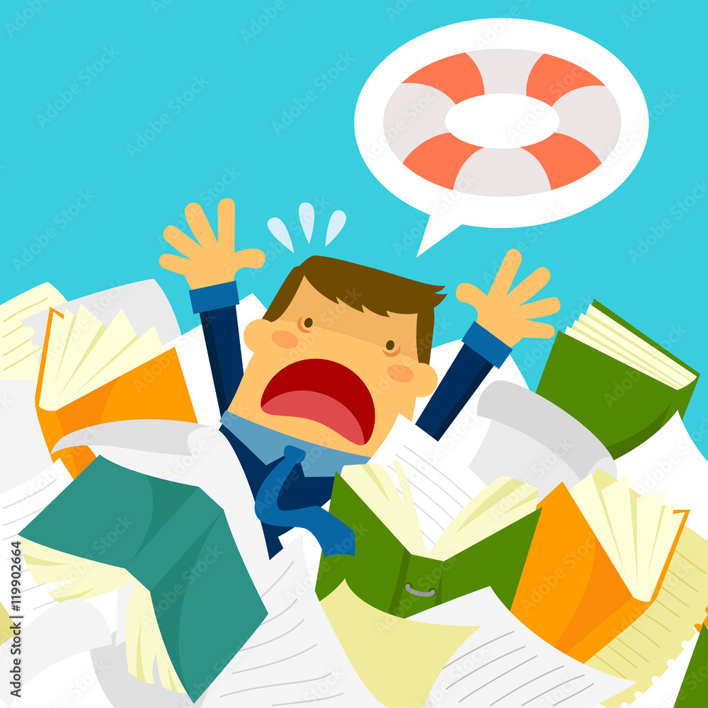 cartoon stressed worker drowning in work Stock Vector | Adobe Stock