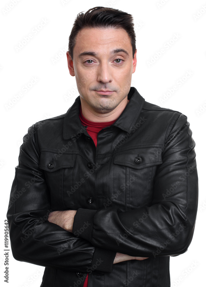 Casual Man with Arms Crossed wearing leather jacket Stock Photo | Adobe ...