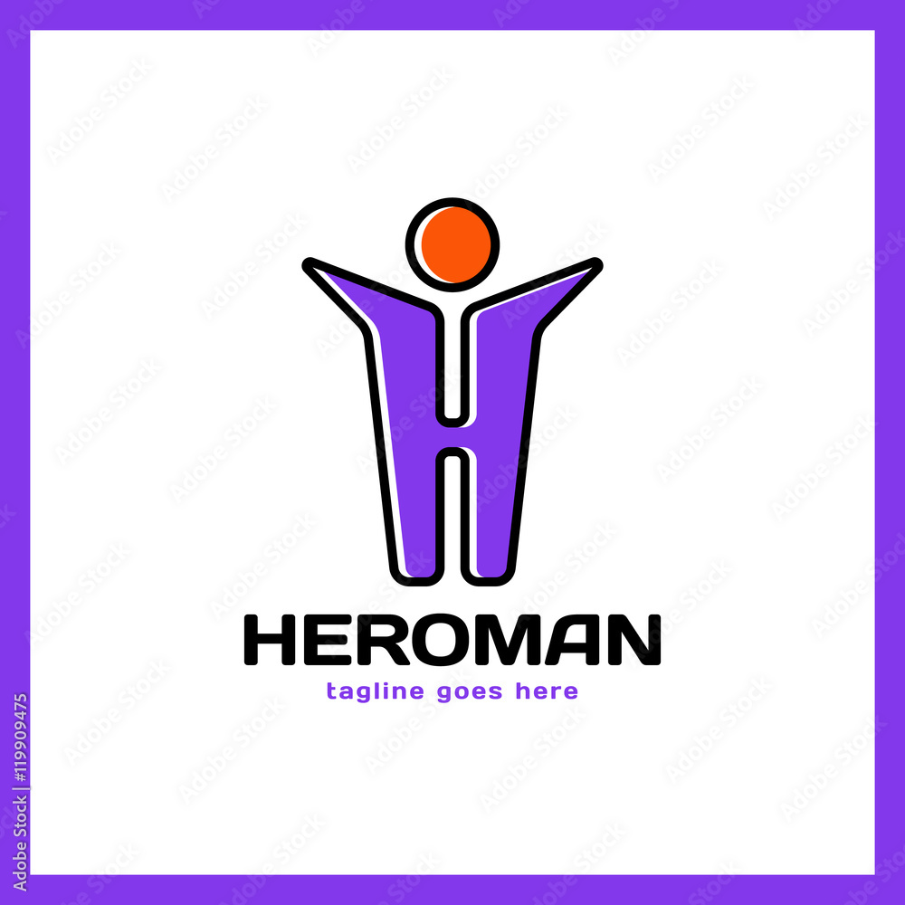 Hero Man Logo - Letter H. Hand Up Men Logotype. Stock Vector | Adobe Stock