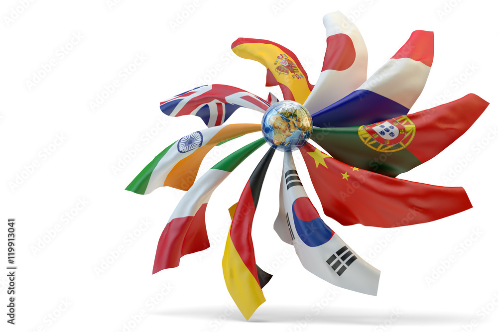 Global communication and language translation concept, national flags ...
