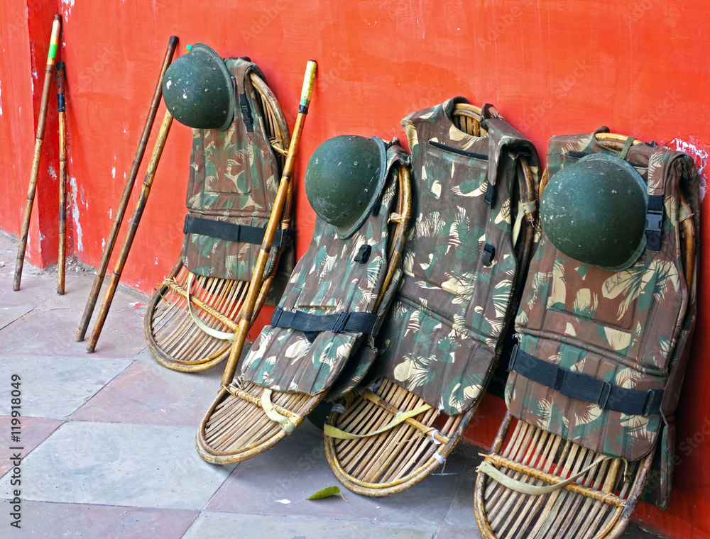 Indian Police shields, sticks and helmets laying on the ground Stock ...