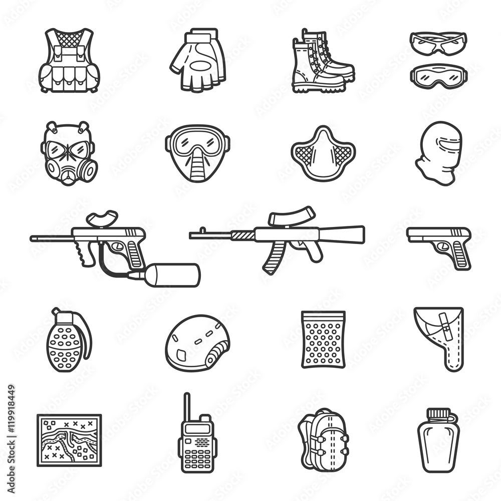 Vector set of black flat line icons for paintball and airsoft equipment ...