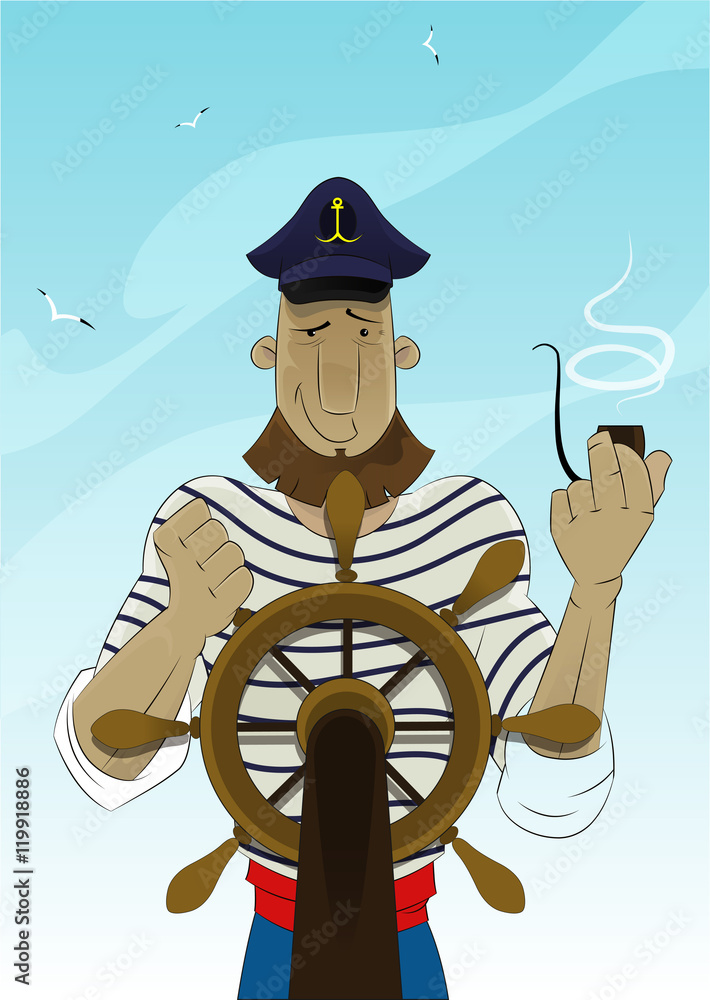 Cartoon captain with smoking pipe Stock Vector | Adobe Stock