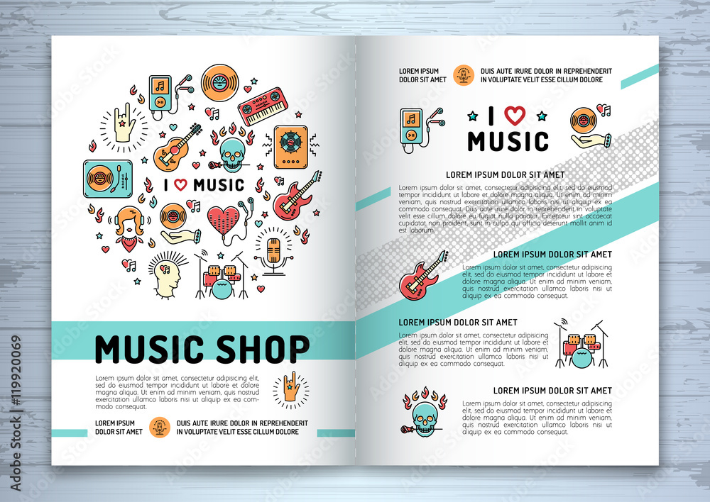 Music brochure template A4 size. Music infographics, trendy icons line ...