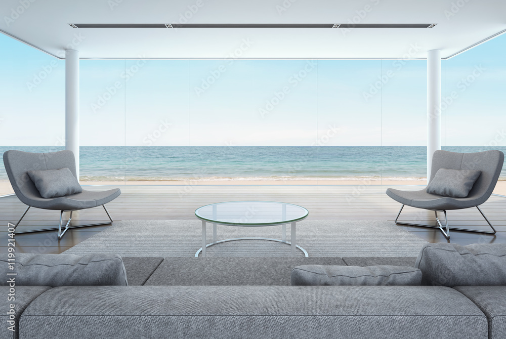 living room in beach house, modern interior with sea view - 3D ...