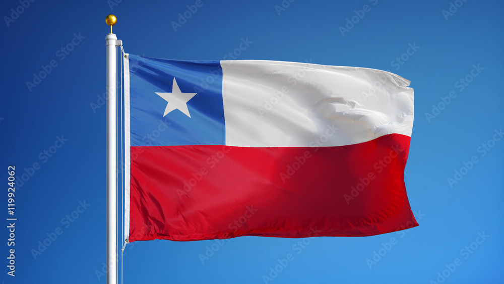 Chile flag waving against clean blue sky, close up, isolated with ...