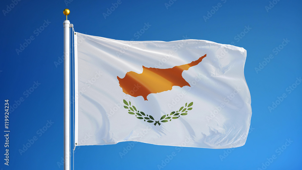 Cyprus flag waving against clean blue sky, close up, isolated with ...