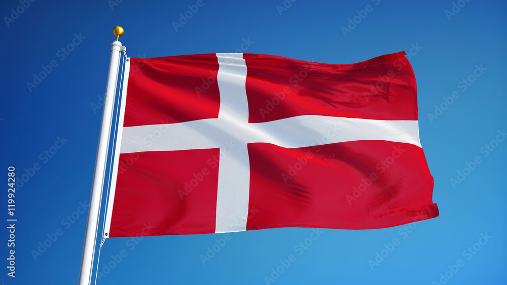 Denmark flag waving against clean blue sky, close up, isolated with ...